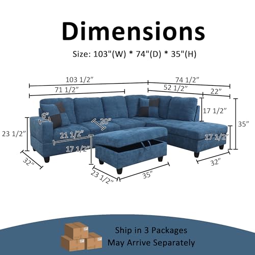 LostCat 103" W Sectional Couches for Living Room Couch Set, Modular Sectional Sofa for Living Room Furniture Sets, L Shaped Couch with Storage Ottoman, Flannel Modular Couch Sofa Set, Blue