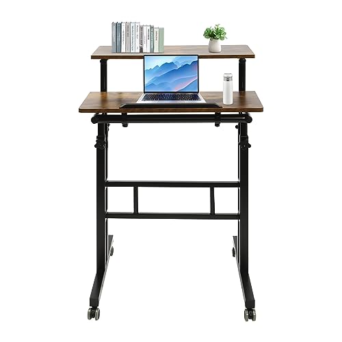 LOHISHILO Mobile Stand Up Desk Adjustable Laptop Desk with Wheels Storage Rolling Table Cart for Standing or Sitting, for Home Office Workstation, Iron-Brown, 27.5-45.3in