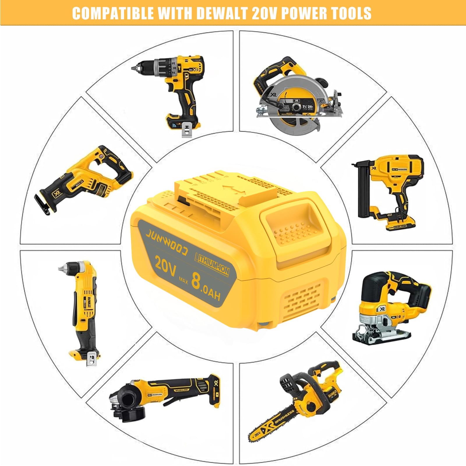 JUNWOOD 2Pack 8.0Ah Lithium Replacement for Dewalt 20V Battery Max XR Cordless Tools DCB180 DCB205 DCB206 DCB206-2 DCB200 DCB204 DCB204BT-2 DCB203 DCB201 DCB207