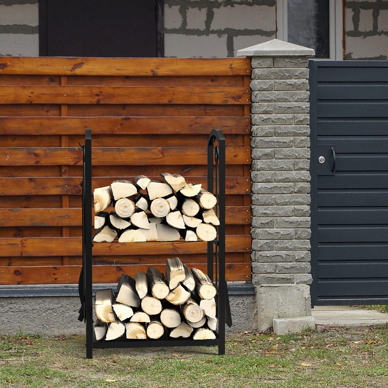 GASPRO Firewood Rack Indoor, 5 Pcs Wrought Iron Fireplace Tools and Log Holder for Fireplace, Wood Stove, Hearth, Fire Pit, Sturdy and Easy to Assemble