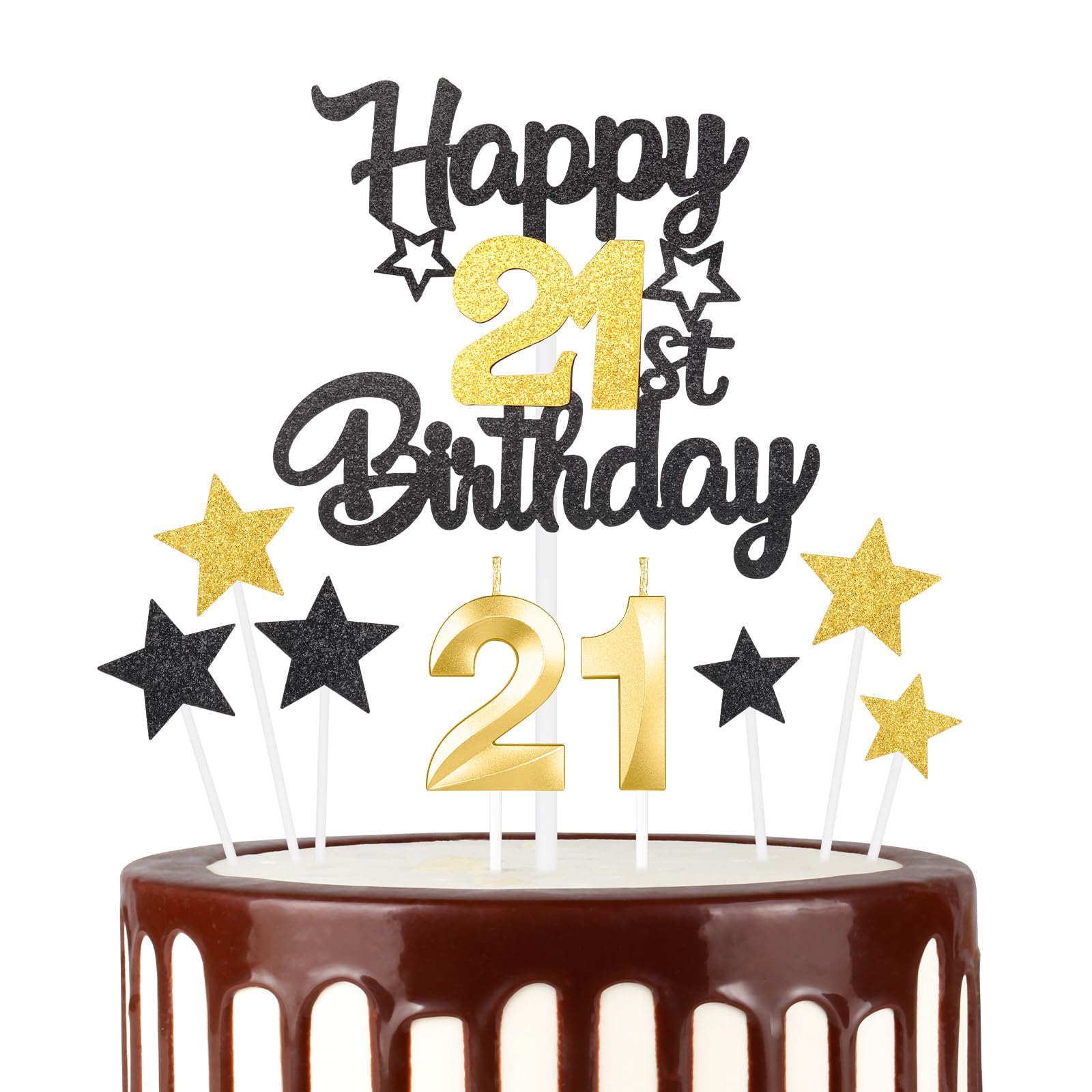 iNINGER Boys Girls 21th Happy Birthday Candles Cake Toppers,Number 21 Candle for Cake,Black Gold Candles for Women Men Birthday Decorations,Star Cake Toppers for Birthday Party Wedding Anniversary