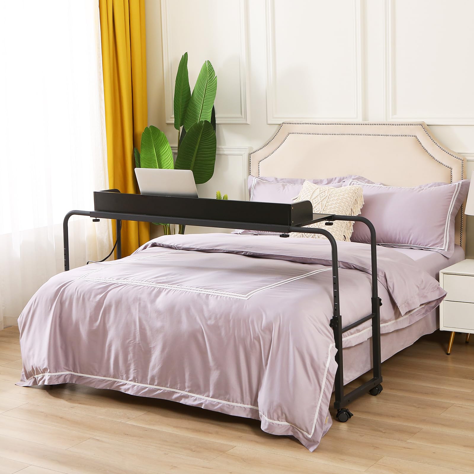 NOVII Overbed Table with Power Outlet,Wheels,Adjustable Height,Mobile Queen Size Bed Table Suitable for Home Office(Black)