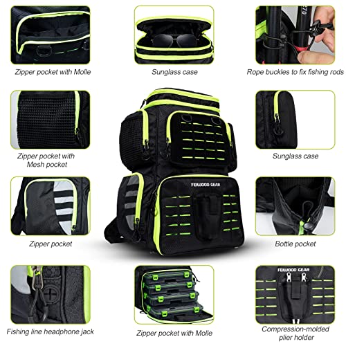 FEIWOOD GEAR Fishing Tackle Backpack with 4 Tackle Boxes+Bait Storage Bag,Saltwater Resistant Soft Bait Binder Bag