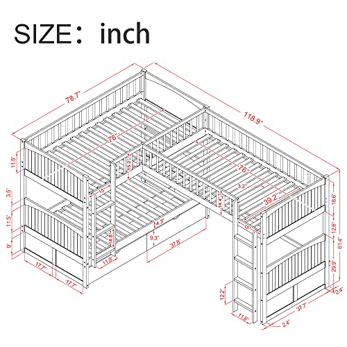 SOHUSPHOME Twin-Over-Twin Wooden L-Shaped Triple Bunk Bed with Ladders and 2 Storage Drawers, Space-Saving Design, Built-in Ladder & Solid Slat Support for Kids Teens Bedroom, Grey