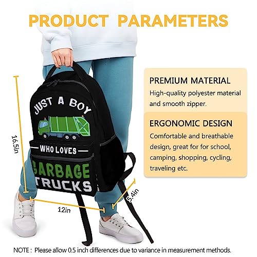 Mercuryelf Just a Boy Who Loves Garbage Trucks Backpack for Student, 16 Inch Black Backpacks for School, Cool Lightweight Bookbag for Kids