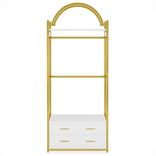 LITTLE TREE Tall Clothes Rack Shelves with Shelves Drawers and Hooks, Modern Arced Closet Organizer Heavy Duty Garment Clothing Freestanding Wardrobe Storage Shelving with Hanging Rod, White Gold