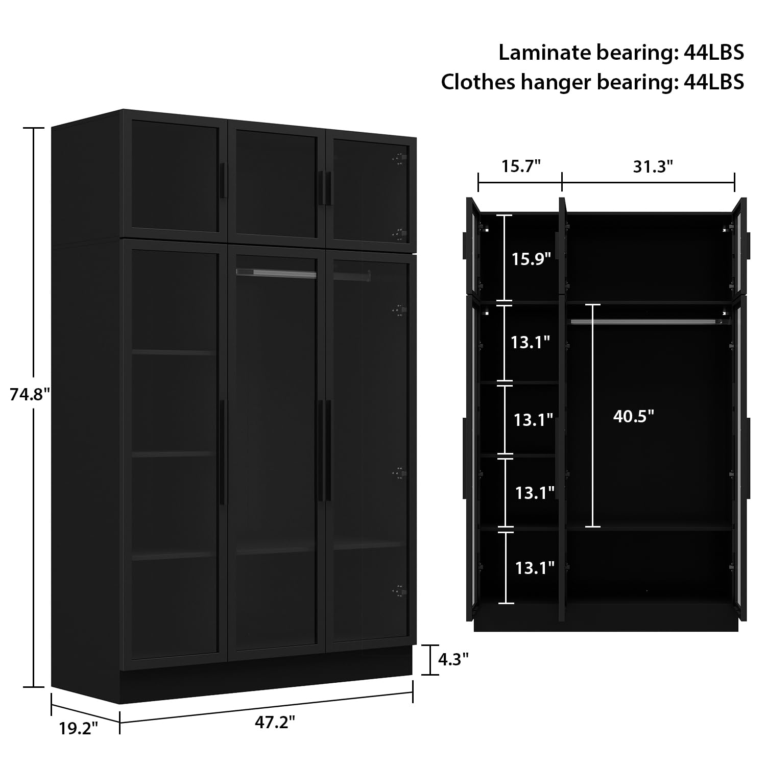 Hitow Wardrobe Cabinet with LED Light Strips, Modern Armoire Closet with Glass Doors, 59.1" W Large Bedroom Armoire Clothes Organizer with Shelve & Hanging Rods, Modern Glass Display Cabinet, Black