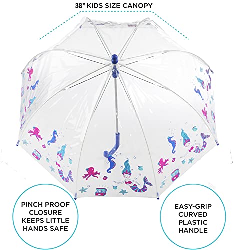 Totes Kids Clear Bubble Kids Umbrella - Perfect for Walking Safety- Child Safe with Pinch-Proof Closure and Easy-Grip Curved Handle Perfect for Small Hands, in Transparent or Colorful Options