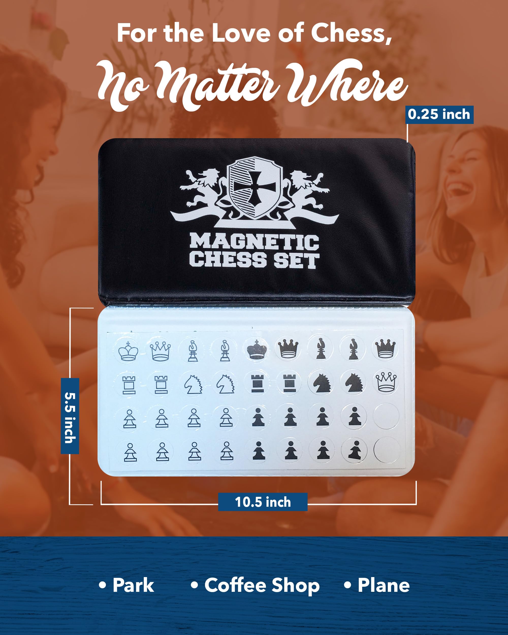 WE Games Mini Chess Set – 10 inch Foldable Pocket Chess Set, Flat Magnetic Chess Pieces, Portable and Travel Chess Set for Adults, White Logo