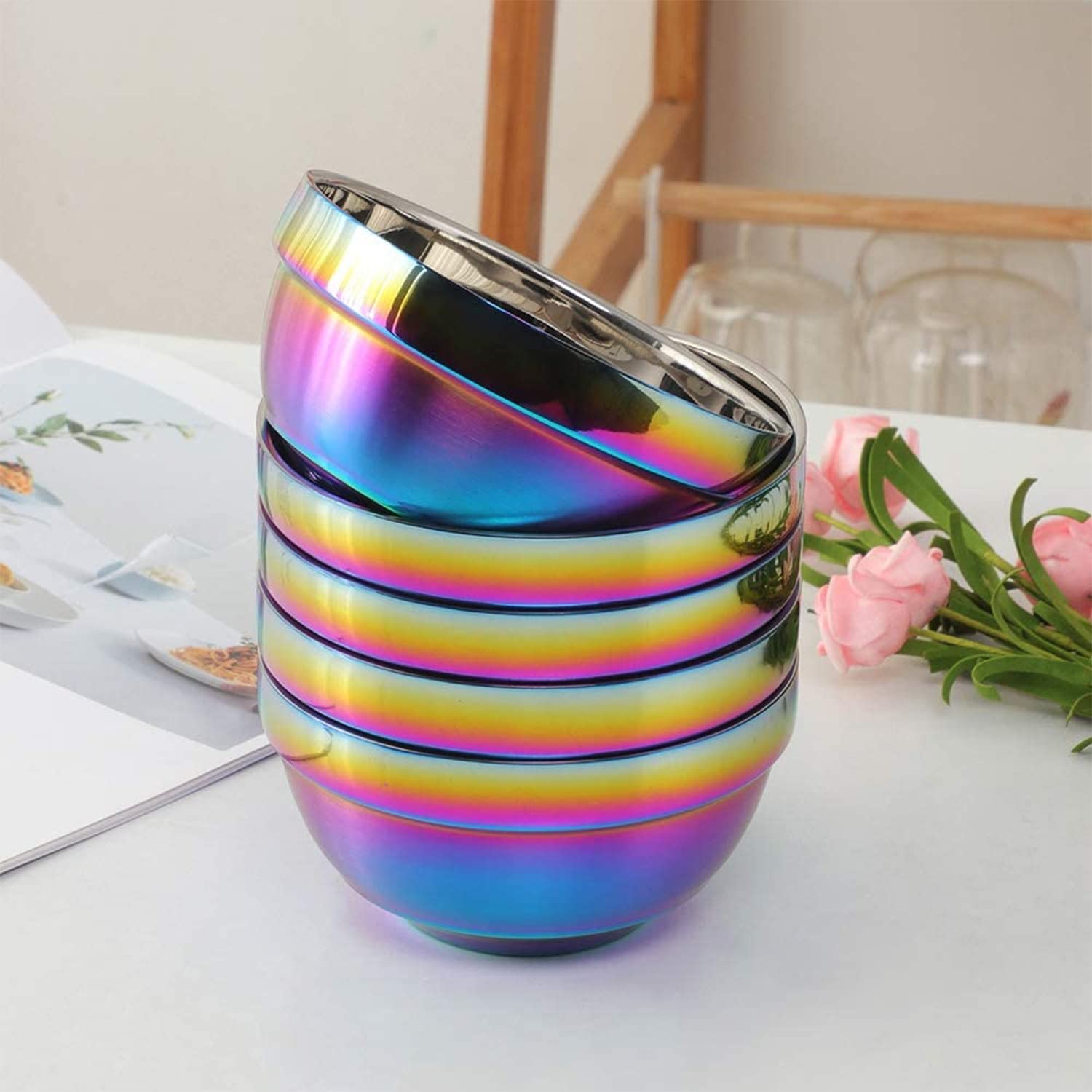 FPXRNG Rainbow Bowl Set of 4x Cereal Bowls and 4x Spoons Double Layer Stainless Steel 5.1 inch Round Bowls for Rice Ice Cream bowl Set for Kitchen