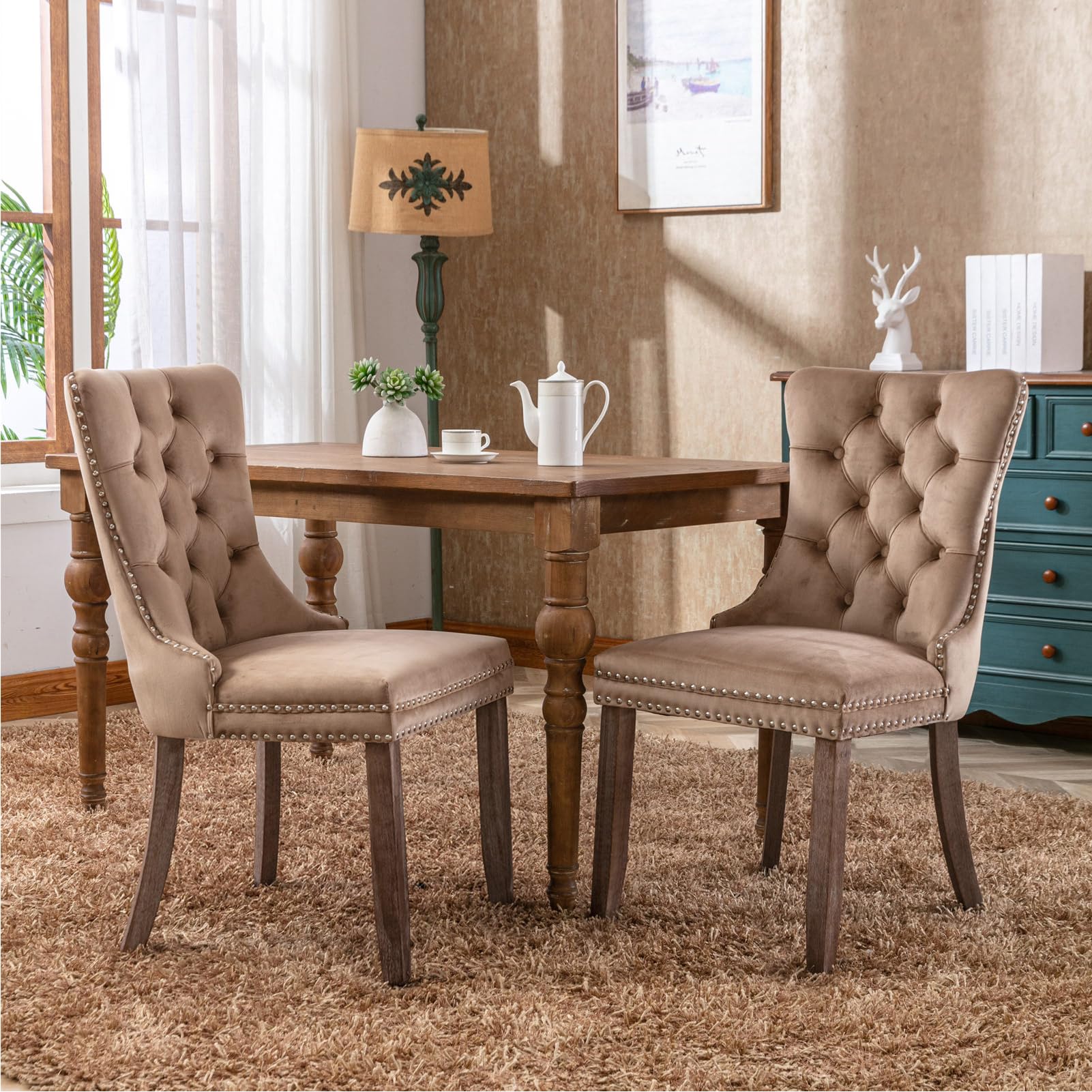 Hixkol Velvet Dining Chairs Set of 2,Upholstered Dining Chairs with Ring Pull Trim and Button Back,Modern Seating for Kitchen, Bedroom & Living Room(Khaki)