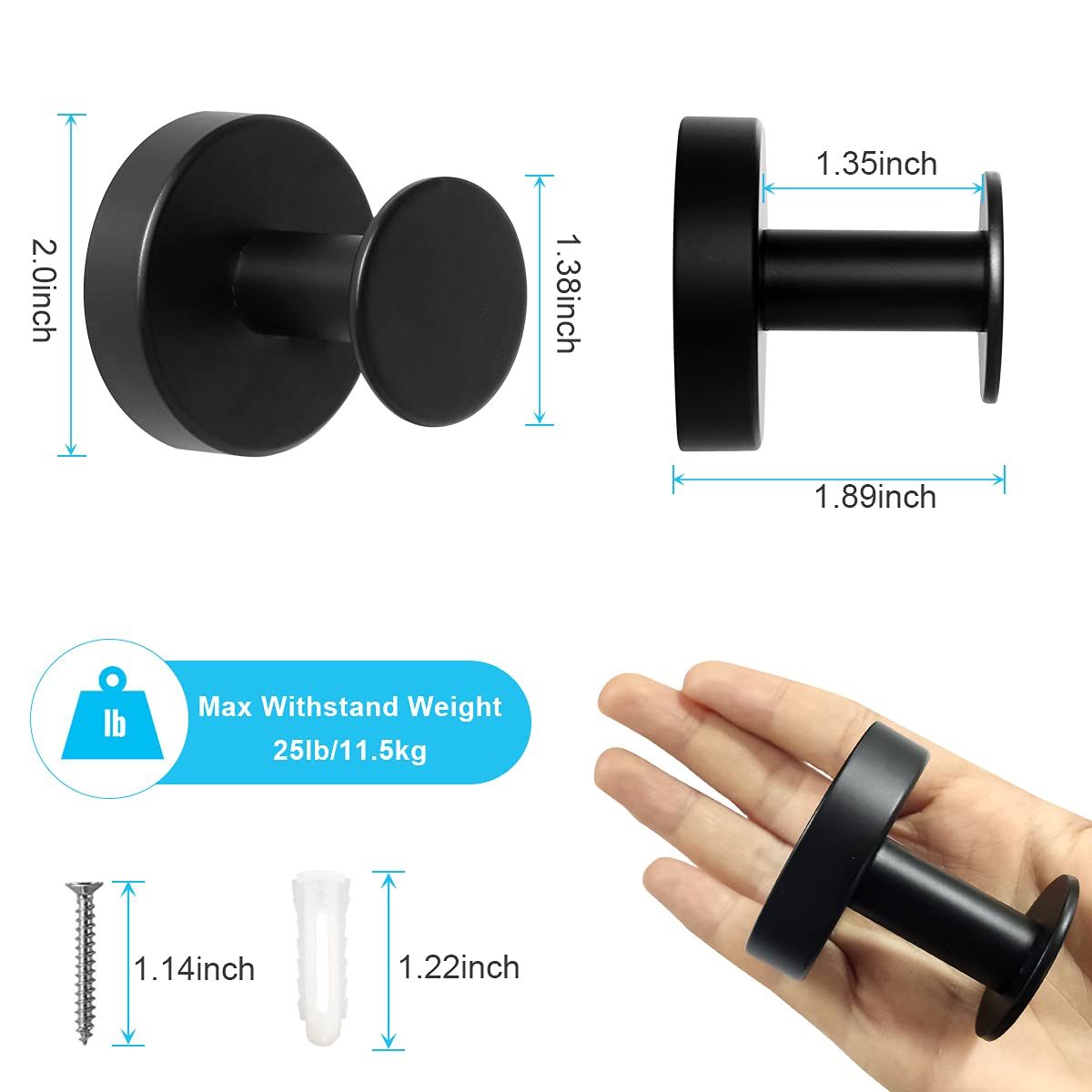 WaaWee 2 Pack Matte Black Robe Towel Hook, Wall Mount Stainless Steel Wall Hook, Heavy Duty Coat Hooks for Bathroom Kitchen Home Storage