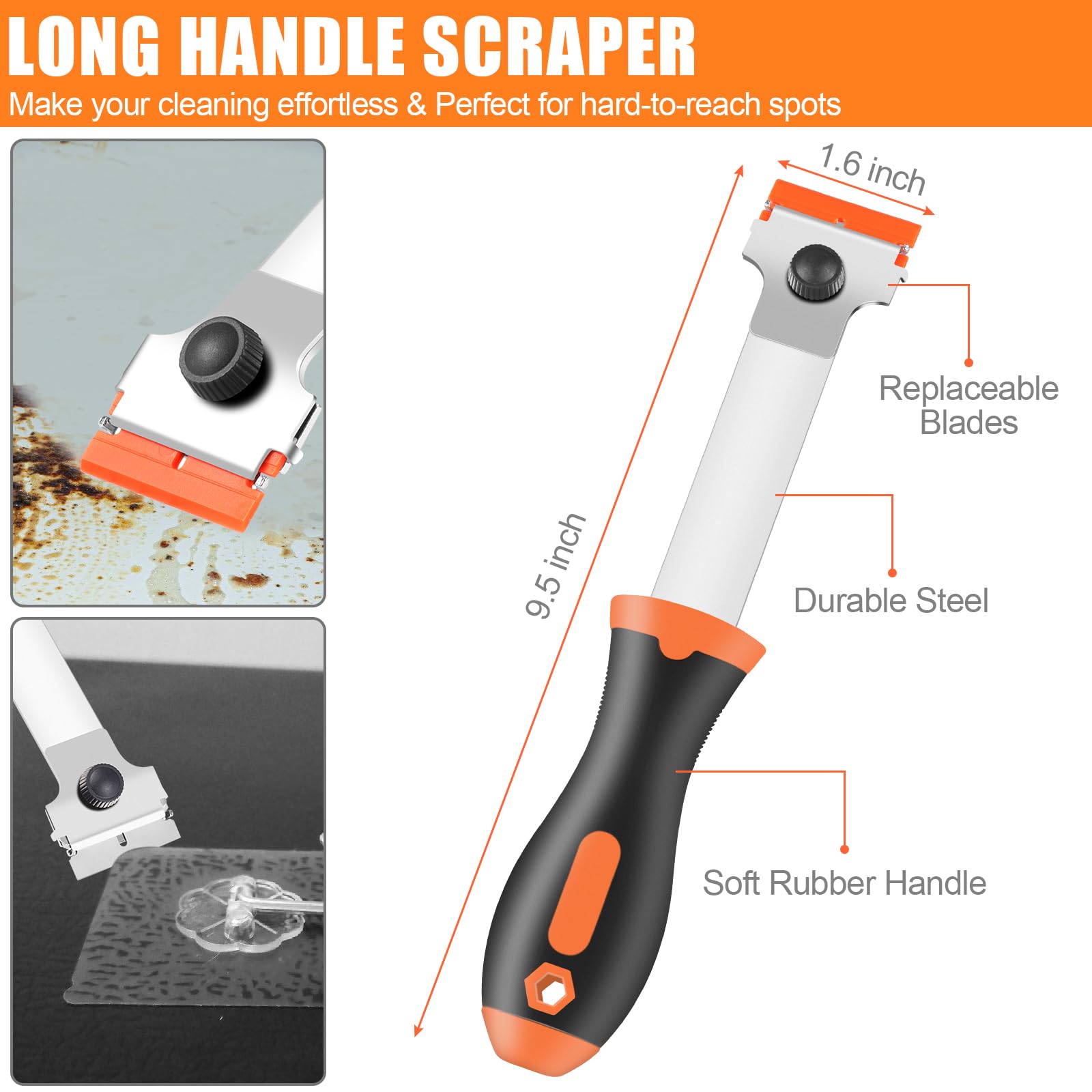 NECAMOCU 3 Pack Razor Blade Scraper, Premium Cleaning Scraper Tool with 60 PCS Metal & Plastic Razor Blades, Multi-Purpose Glass Scraper for Windows, Sticker, Decals, Cooktop, Paint Removal (Orange)