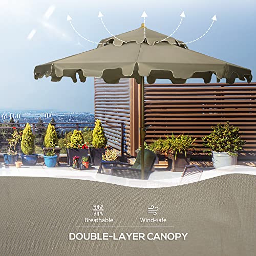 Outsunny 9' Patio Umbrella with Push Button Tilt and Crank, Double Top Ruffled Outdoor Market Table Umbrella with 8 Ribs, for Garden, Deck, Pool, Brown