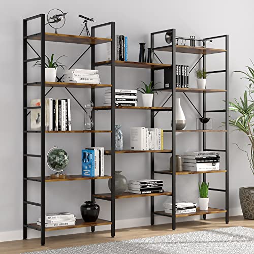 oneinmil Bookcases and Bookshelves - Triple Wide 5 Tiers Corner Bookshelf, Large Etagere Industrial Bookshelf Open Display Shelves with Metal Frame for Living Room Bedroom Home Office