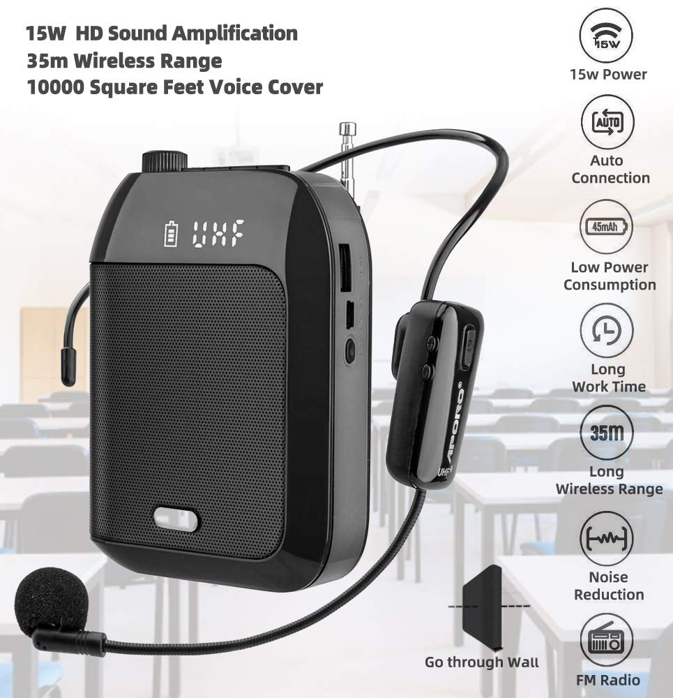 Wireless Voice Amplifier, 15W Rechargeable Portable PA System (2400mAh) Bluetooth Speaker with UHF Wireless Microphone for Teachers, Tour Guide and More