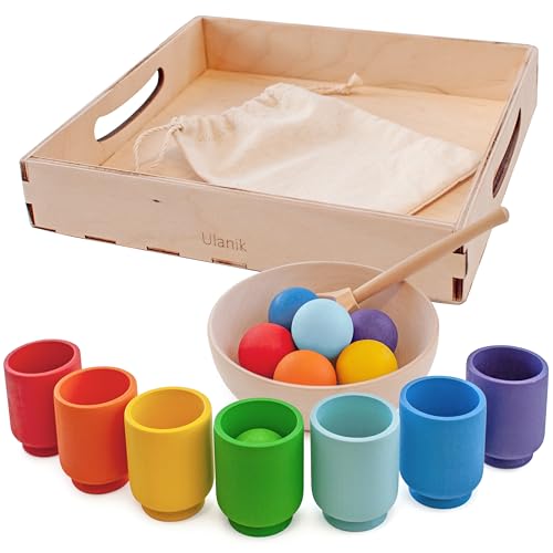 Ulanik Rainbow Balls in Cups Toddler Montessori Toys for 1+ Year Old Kids Wooden Matching Game for Learning Color Sorting and Counting — 7 Balls, 1.18 in