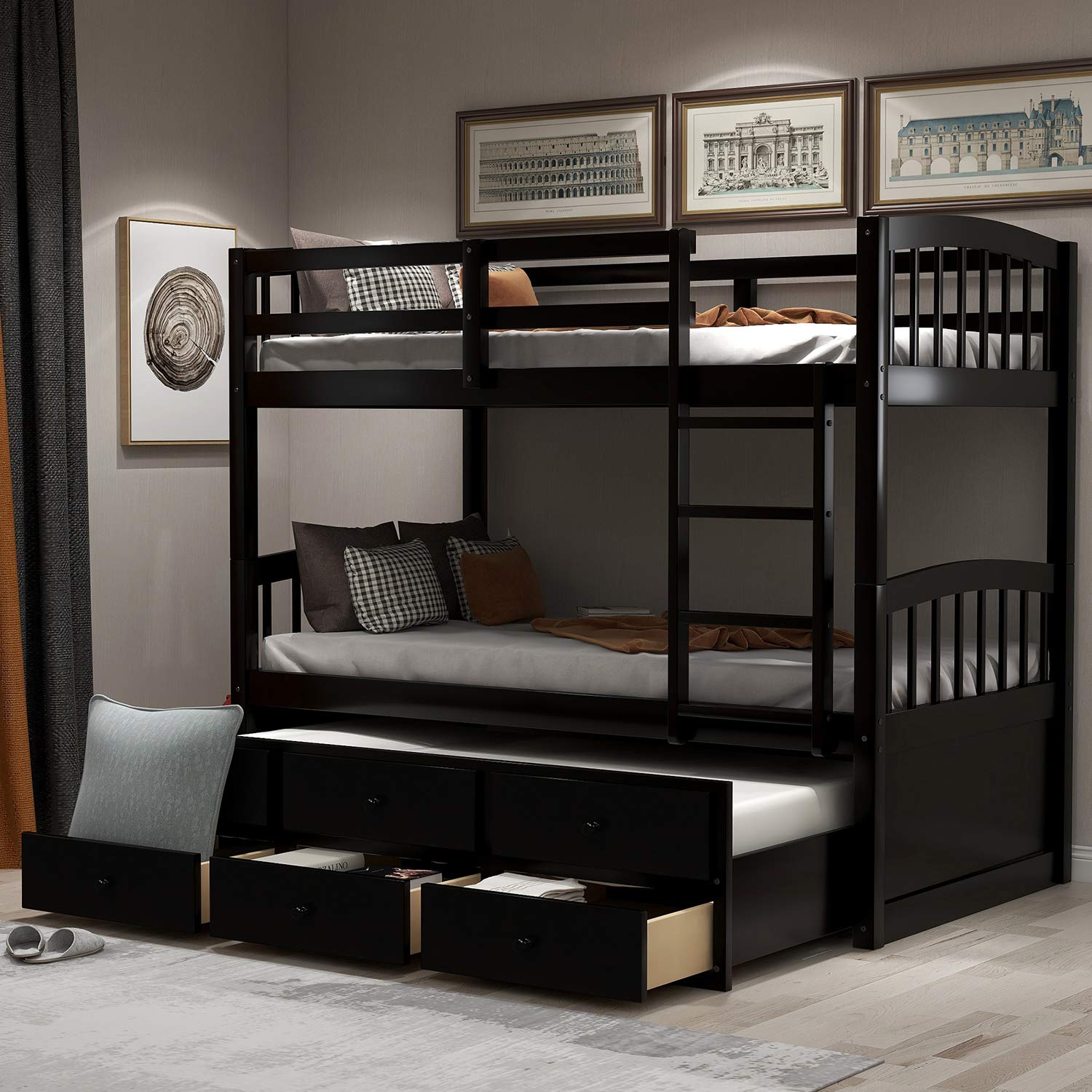 P PURLOVE Twin Over Twin Bunk Bed with Ladder, Wood Bunk Bed Frame with Wooden Slat Support, No Box Spring Needed (Espresso)