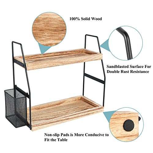 Nroech Bathroom Organizer Countertop, 2-Tier Standing Counter Shelf with Basket, Wood Tray for Kitchen Vanity Organizer