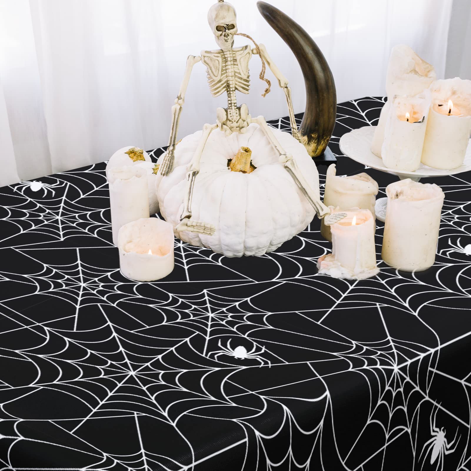 DAZONGE Spider Web Tablecloth for Halloween Party Decorations, 2 Pack Plastic Halloween Table Covers 54''x110'' Black, Spill-Proof Spider Web Table Cloth for Halloween Decor