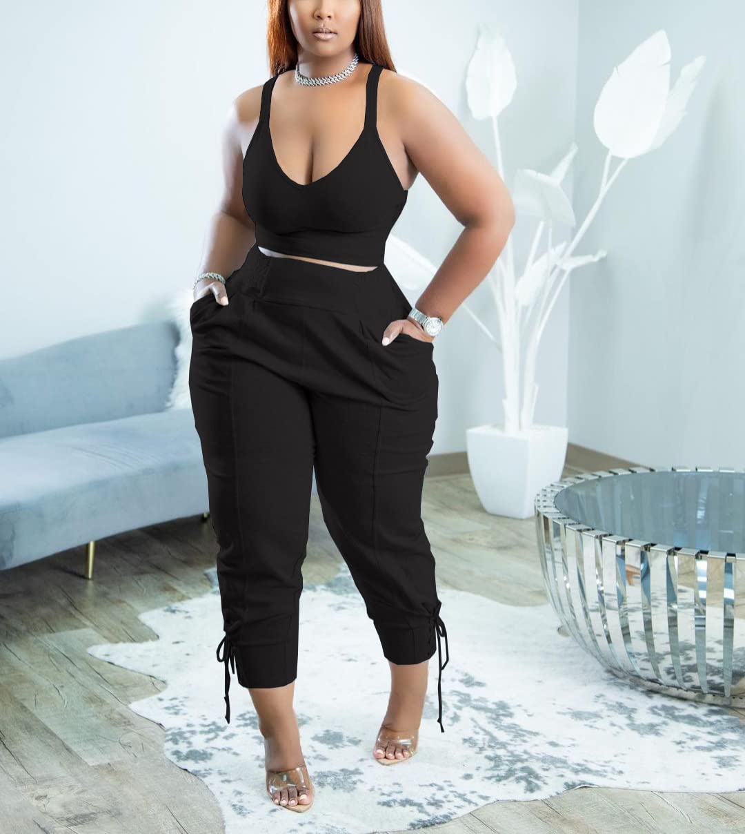 Ekaliy Women's Casual Two Piece Outfit Low Cut V Neck Top and Long Pants Tracksuit Joggers Sets