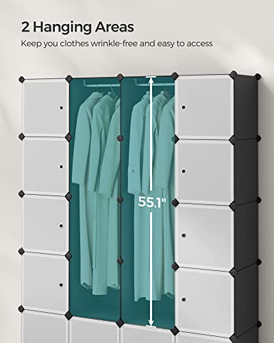 SONGMICS Cube Storage Organzier Portable Wardrobe Closet, 12 Cubes DIY Plastic Armoire Cabinet Modular Shelves Unit with Doors and Hanging Rods for Bedroom, Black ULPC301B01