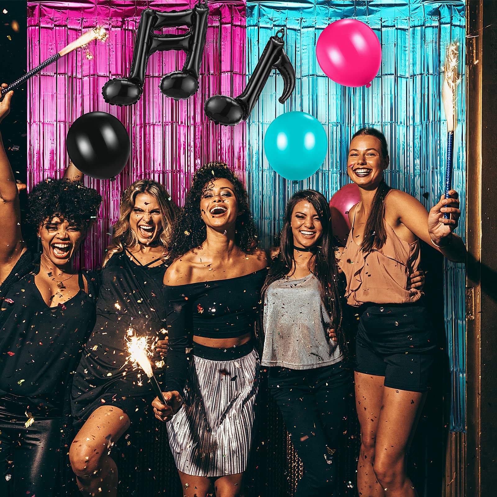 Skylety Music Birthday Party Decorations Includes Karaoke Rose Red Blue Black Tinsel Curtains Music Balloons Music Note Balloons for Music Theme Party Photo Backdrop