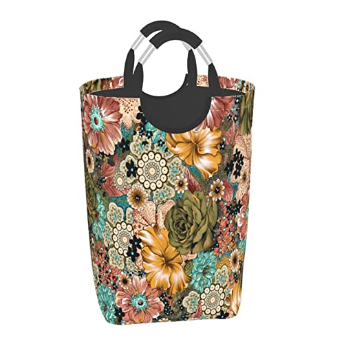 SongYi Boho Laundry Basket with Handles, Collapsible Waterproof Laundry Bag Washing Bin, Bohemian Flowers Pattern Large Foldable 50 L