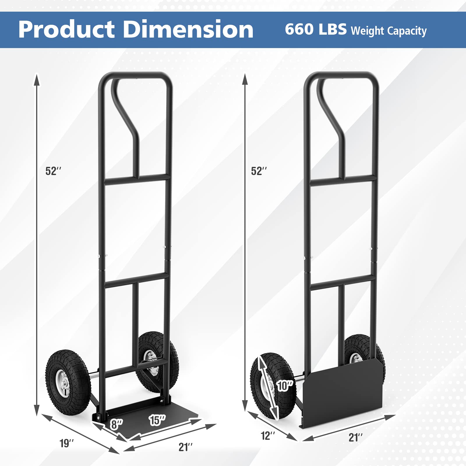 Goplus Hand Truck, P-Handle Hand Truck Dolly w/Vertical Loop Handle, 10β Pneumatic Rubber Wheels, 15βx 8β Foldable Nose Plate, 660LBS Capacity, Heavy Duty Metal Dolly Cart for Lifting, Stairs (Black)