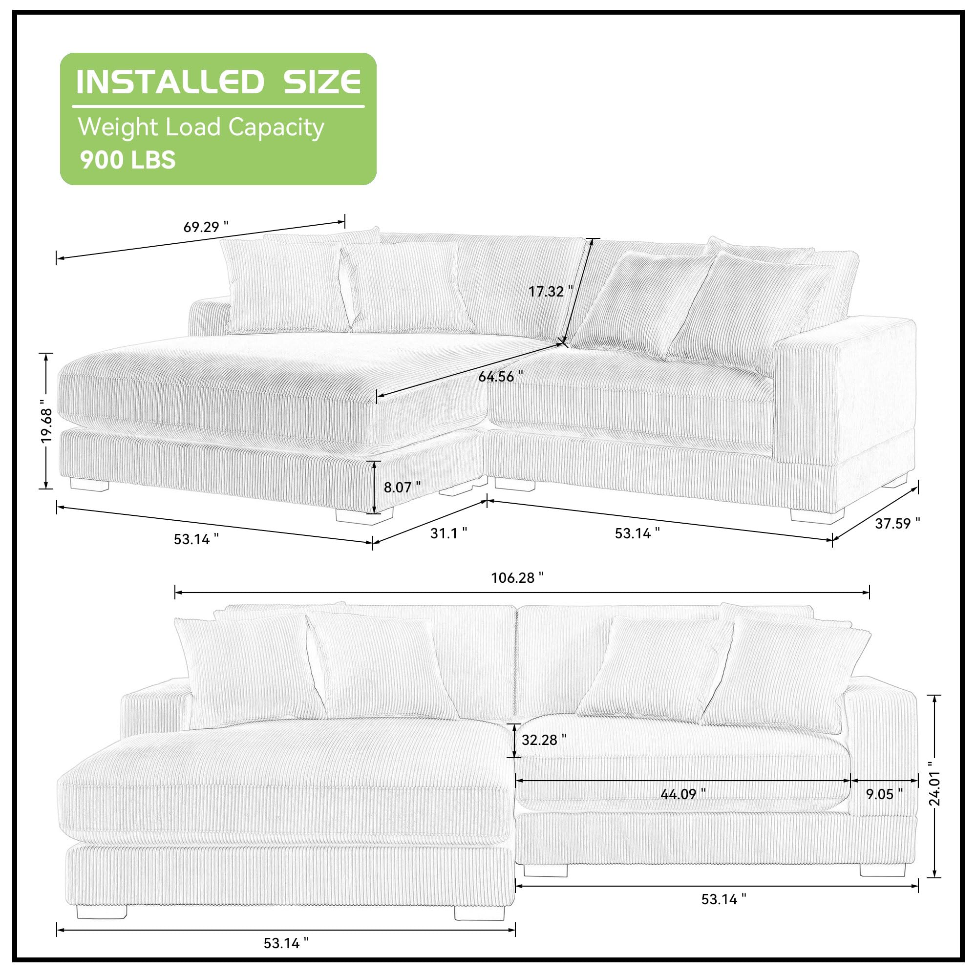 KEVINSPACE 98.4" Sectional Sofa Modular Deep 3-Seat Sofa Couch Foam-Filled Spring Sleeper Sofa Modular Sectional Living Room Sofa Set Comfy Furniture Apartment Studio Office No Assembly Green