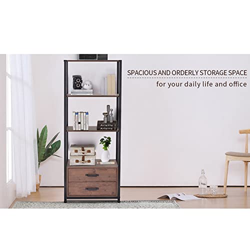 Industrial Wood Bookcase with Two Drawers, Book Storage Rack with Open Display Shelves 4-Tier Open Etagere Bookcase with Adjustable Foot Pads for Living Room, Bedroom, Office, Brown