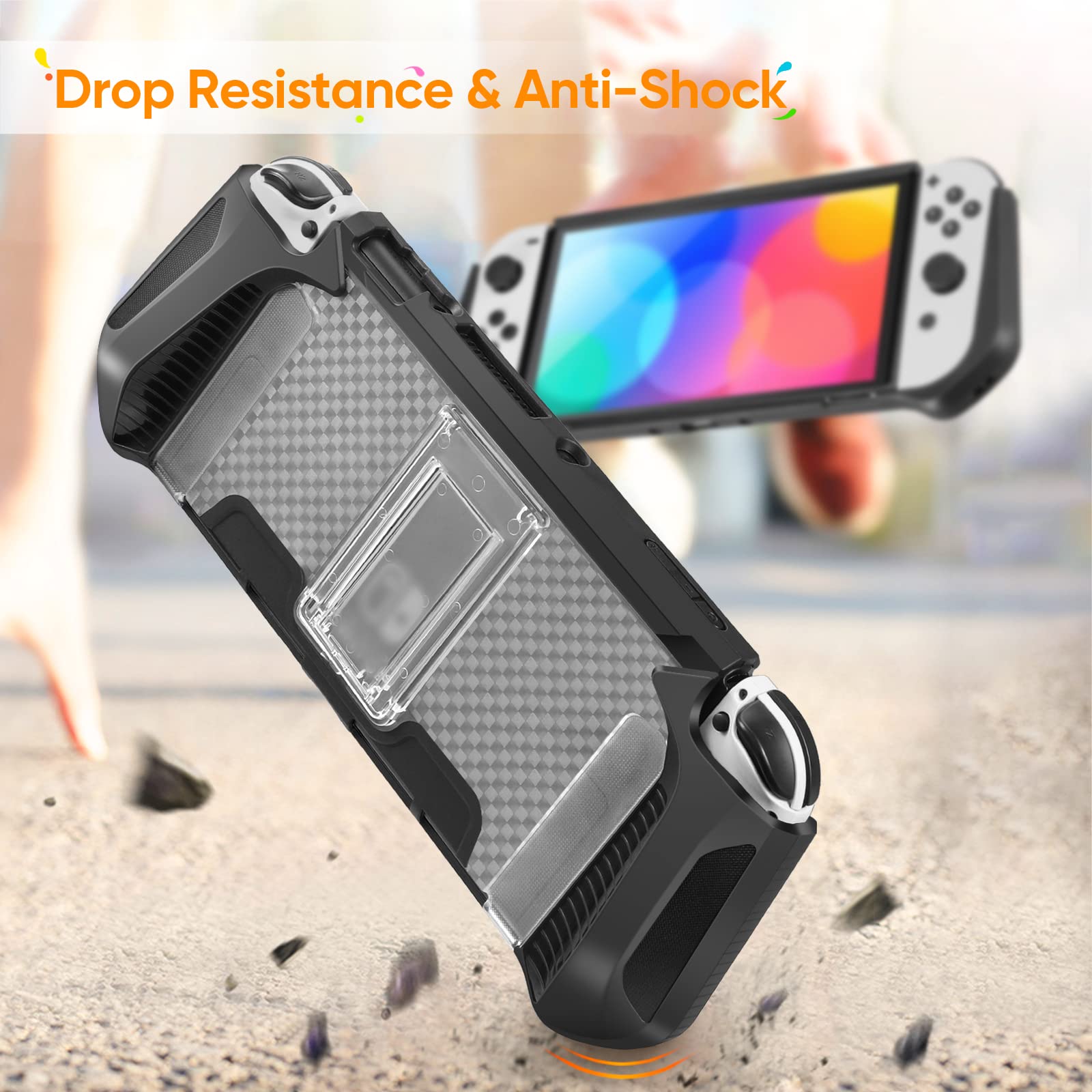 Fintie Case for Nintendo Switch OLED Model 2021 w/Fixed Stand, [Shock Proof] Protective Cover w/Hard Matte Clear Back Panel & Soft TPU Bumper, Ergonomic Grip for Switch OLED Model Console, Black