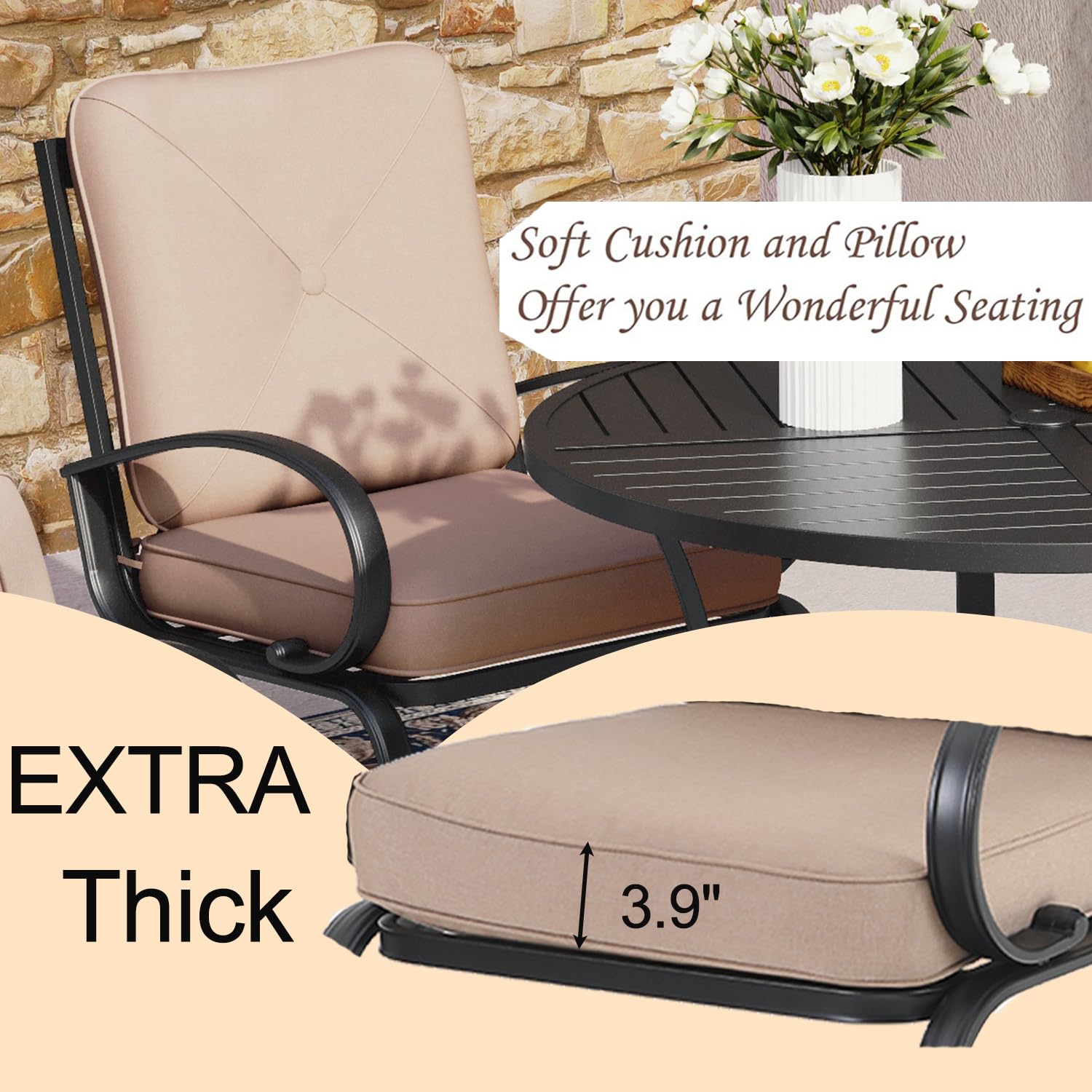 MFSTUDIO 2PCS Patio Bistro Dining Spring Motion Chairs Outdoor Furniture for Backyard, Garden with Removable Cushion Seat, Metal Frame, Beige