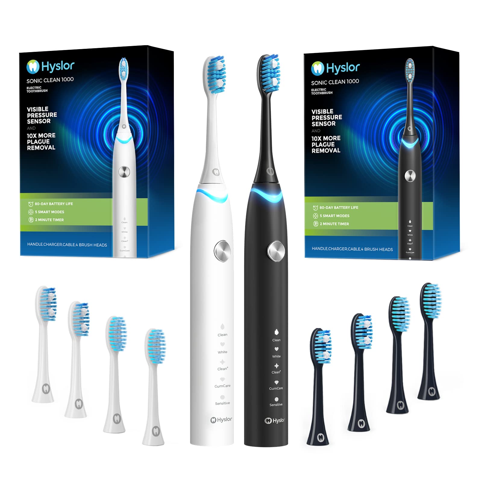 Hyslor Electric Toothbrush 2 Pack Set for Adults with Pressure Sensor, Rechargeable Sonic Toothbrushes 3 Hours Fast Charging for 80 Days Using, Power Electronic Tooth Brush 5 Modes Black and White