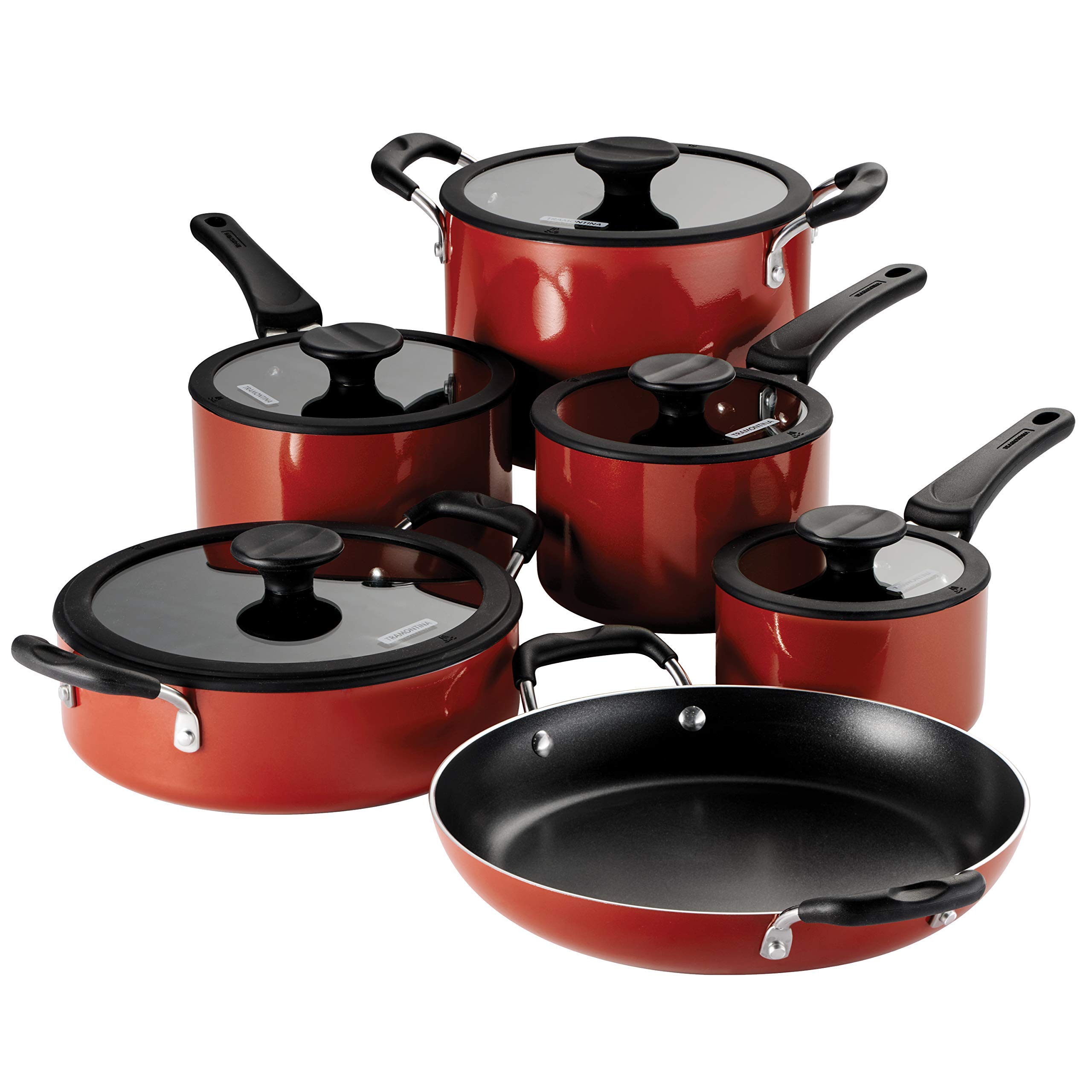 Tramontina Aluminum Non Stick 11-Piece Nesting Pots and Pans Set with Lids - Red, Kitchen Nonstick Cookware Set, Dishwasher and Oven Safe