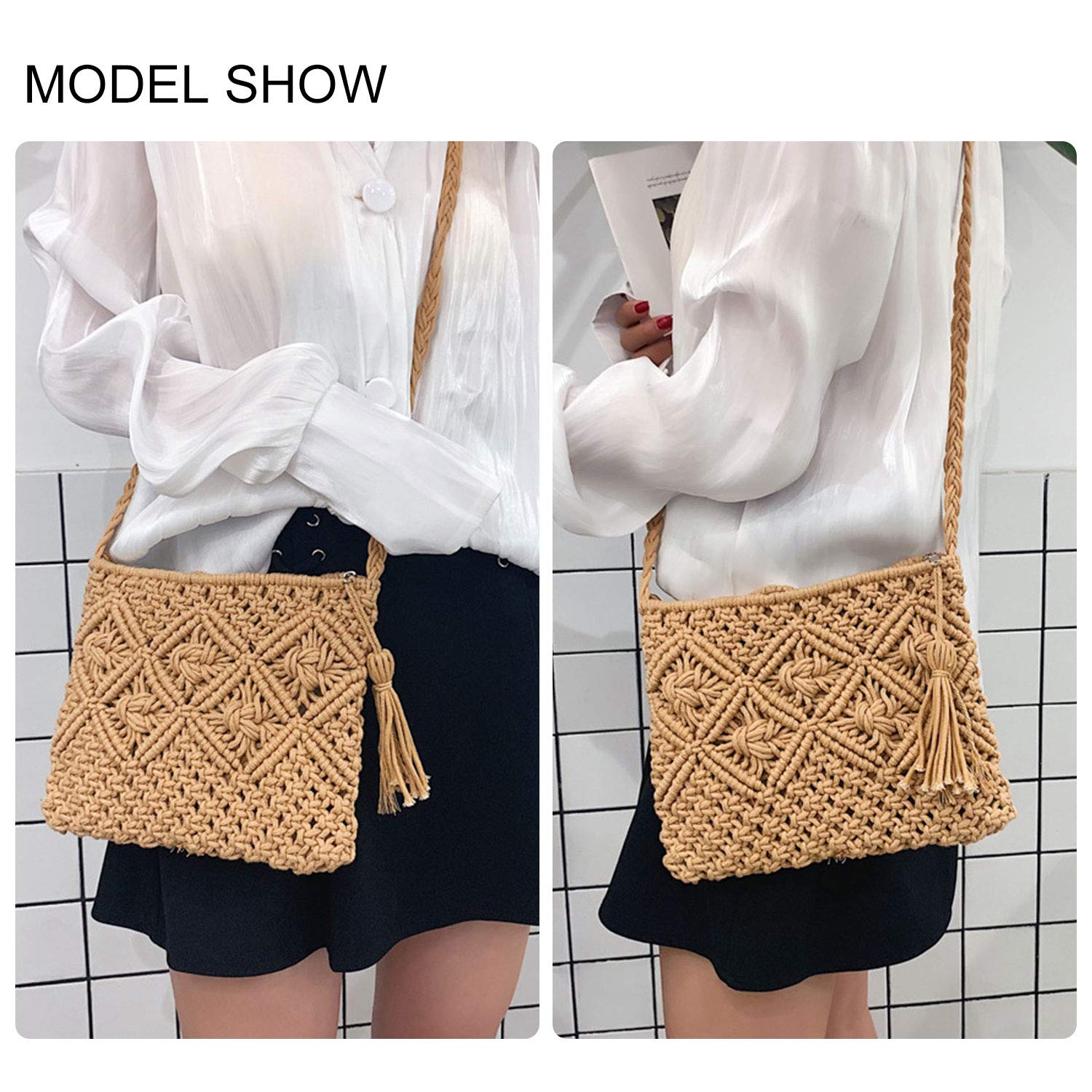 WOG2008 Women Summer Straw Crossbody Bags Woven Chain Fringed Small Square Purses Stylish Tassel Beach Handbag