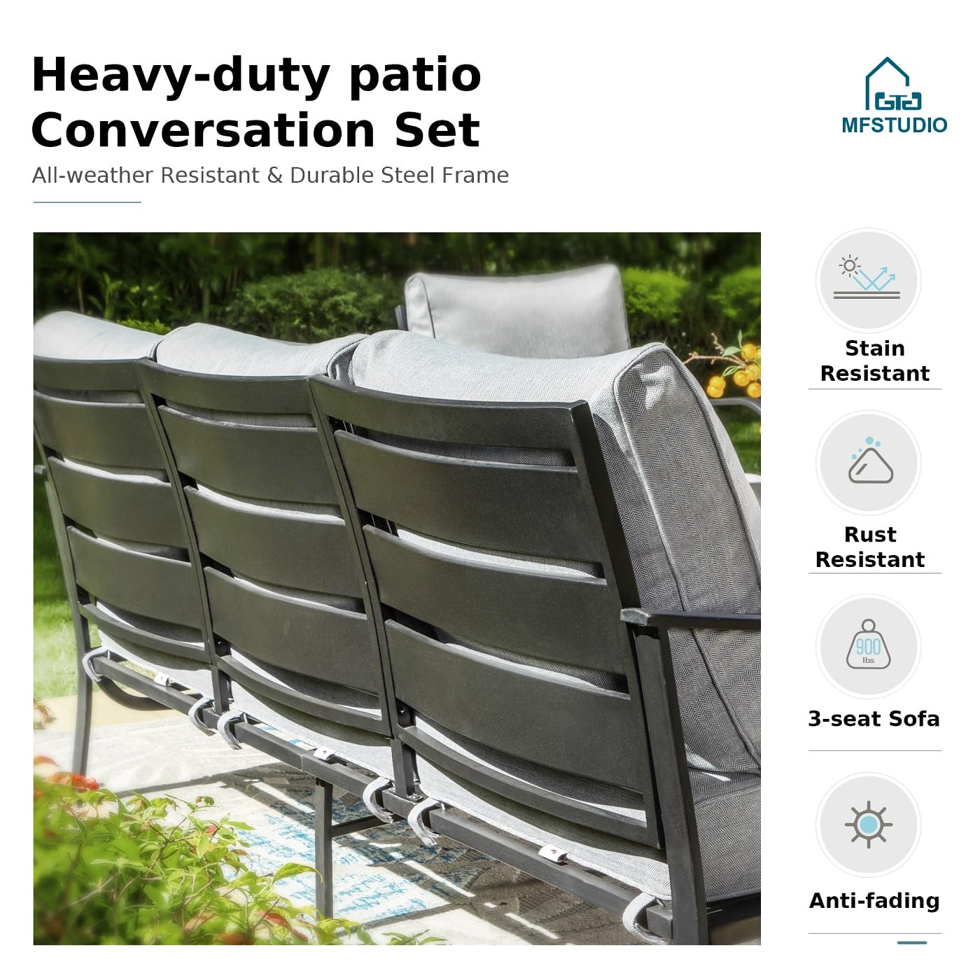 MFSTUDIO 4 Pieces Patio Conversation Sets,Outdoor Metal Furniture Sofas with 1 x 45 Rectangular Propane Fire Table,1 x 3-Seat Sofa, 2 x Swivel Chairs,Grey Cushion