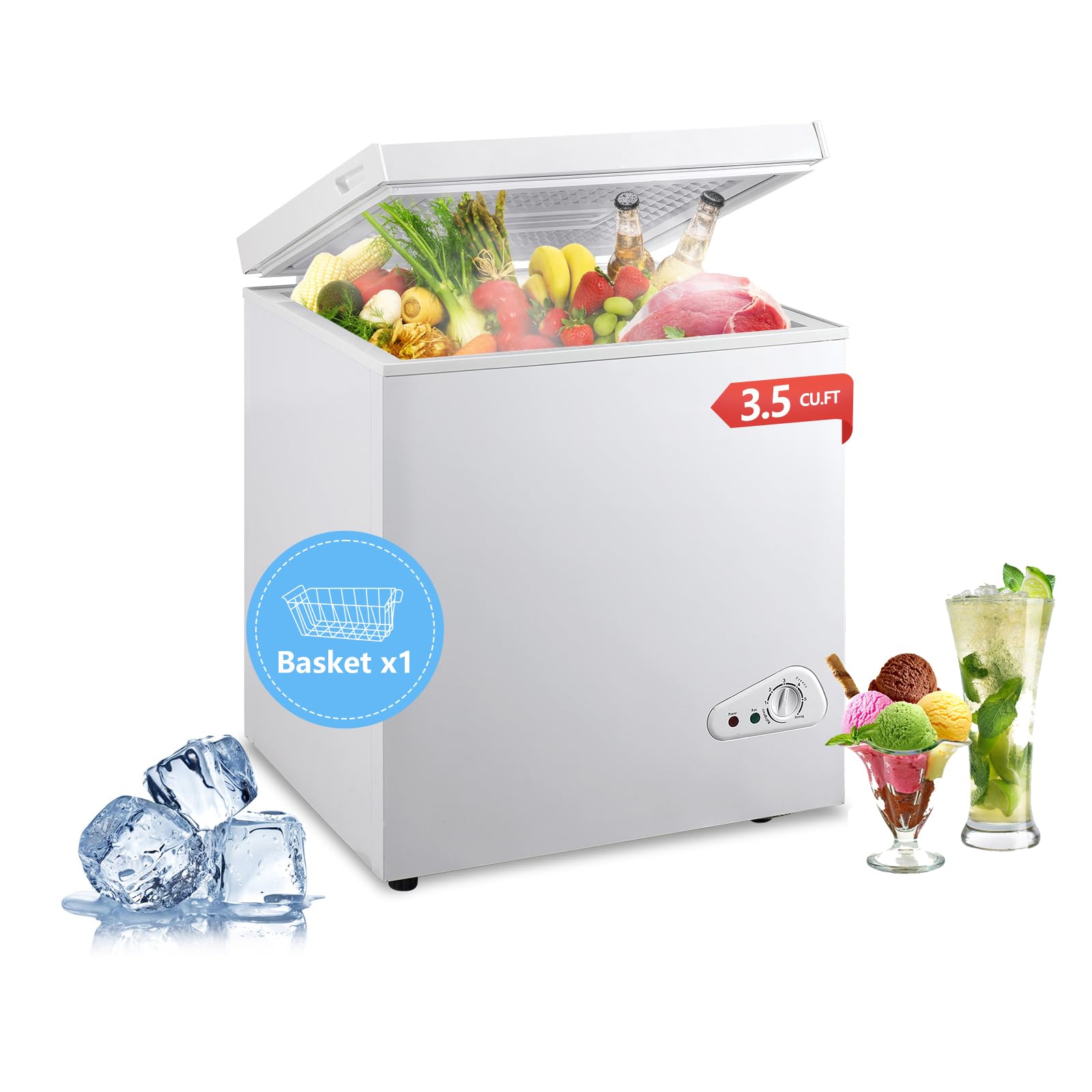Iorbur FLG-72Q-WHITE 3.5 Cu.Ft Deep Compact, Chest Freezer with a Removable Basket 7 Gears Adjustable Temperature Control(-18°F to-46°F) for Garage, Office, Basement, House, Kitchen, Shop, RVs-White