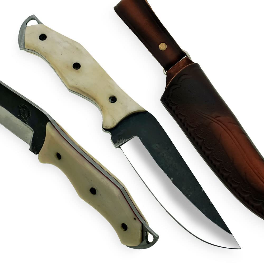 D2 Steel Hunting Knife Fixed blade knife Skinner Knife Camel Bone handle , Black Edge ,Bush craft, Camping, with Cowhide Leather Sheath – BW-4148