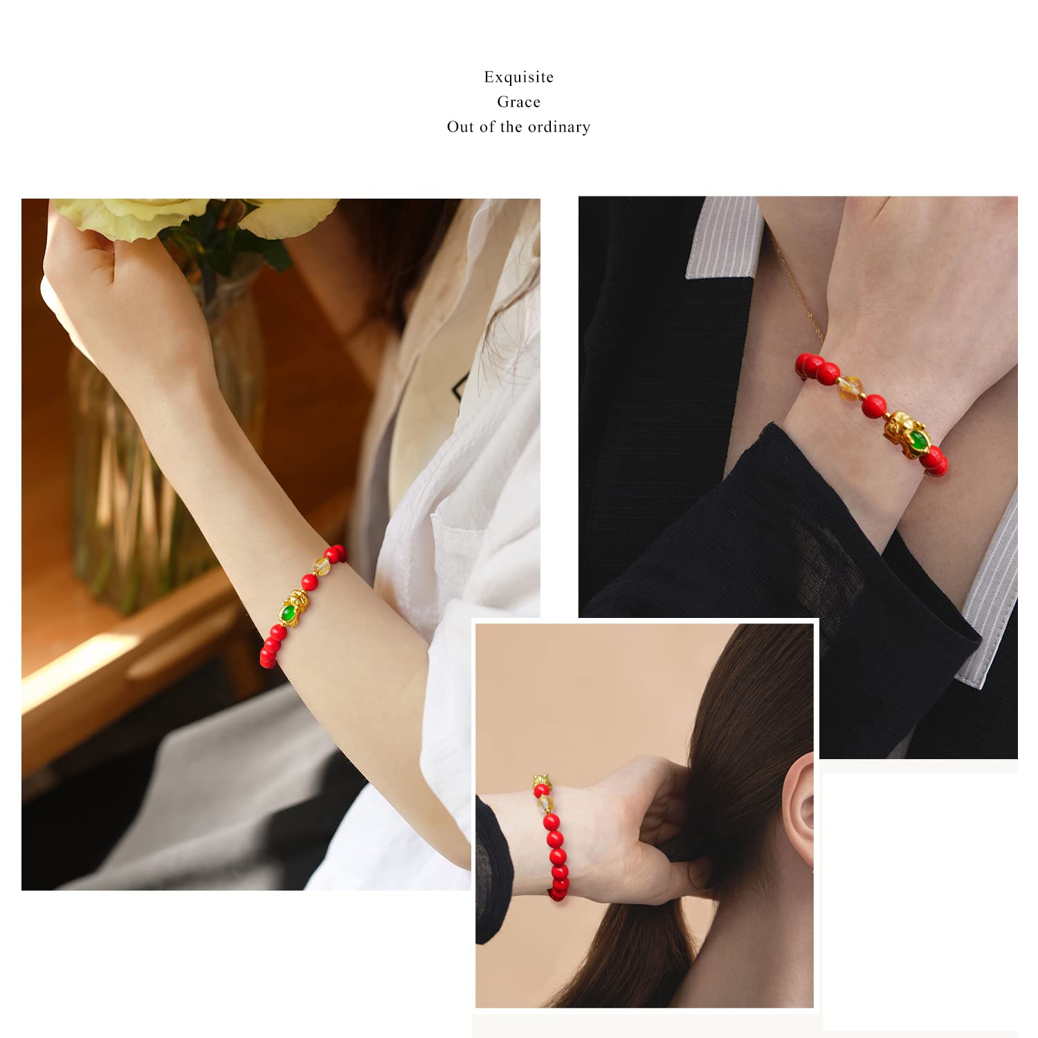 Feng Shui Bracelet 8MM Red Cinnabar Bracelet Attract Wealth and Good Luck Amulet Dragon Bracelet Prosperity Adjustable Elastic Beaded Bracelets