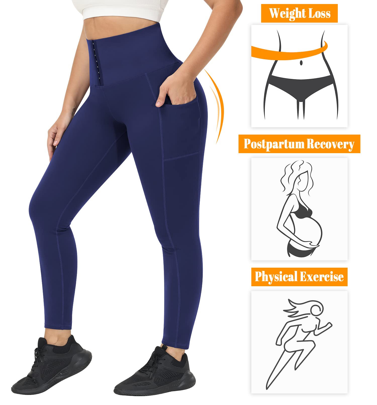 Fengbay High Waist Corsets Compression Leggings for Women Tummy Control,Pockets Yoga Pants with Waist Trainer Attached