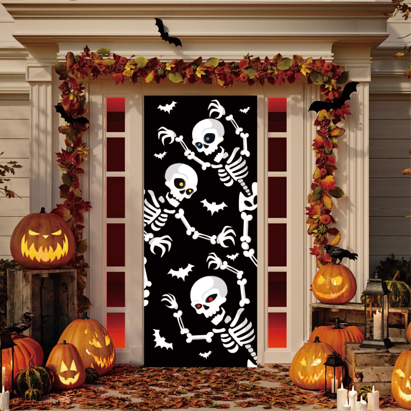 Halloween Skeleton Door Cover Skeleton Bone Backdrop Banner for Front Door Outdoor and Indoor Home Party Decor Halloween Party Decorations