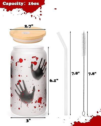 Nefelibata Halloween Horror Beer Can Glass 16 OZ Iced Coffee Cup with Lid Straw and Brush, Reusable Drinking Jar for Coffee Tea Juice Soda Halloween Party Decor Fall Christmas Gift Ideas Set of 1
