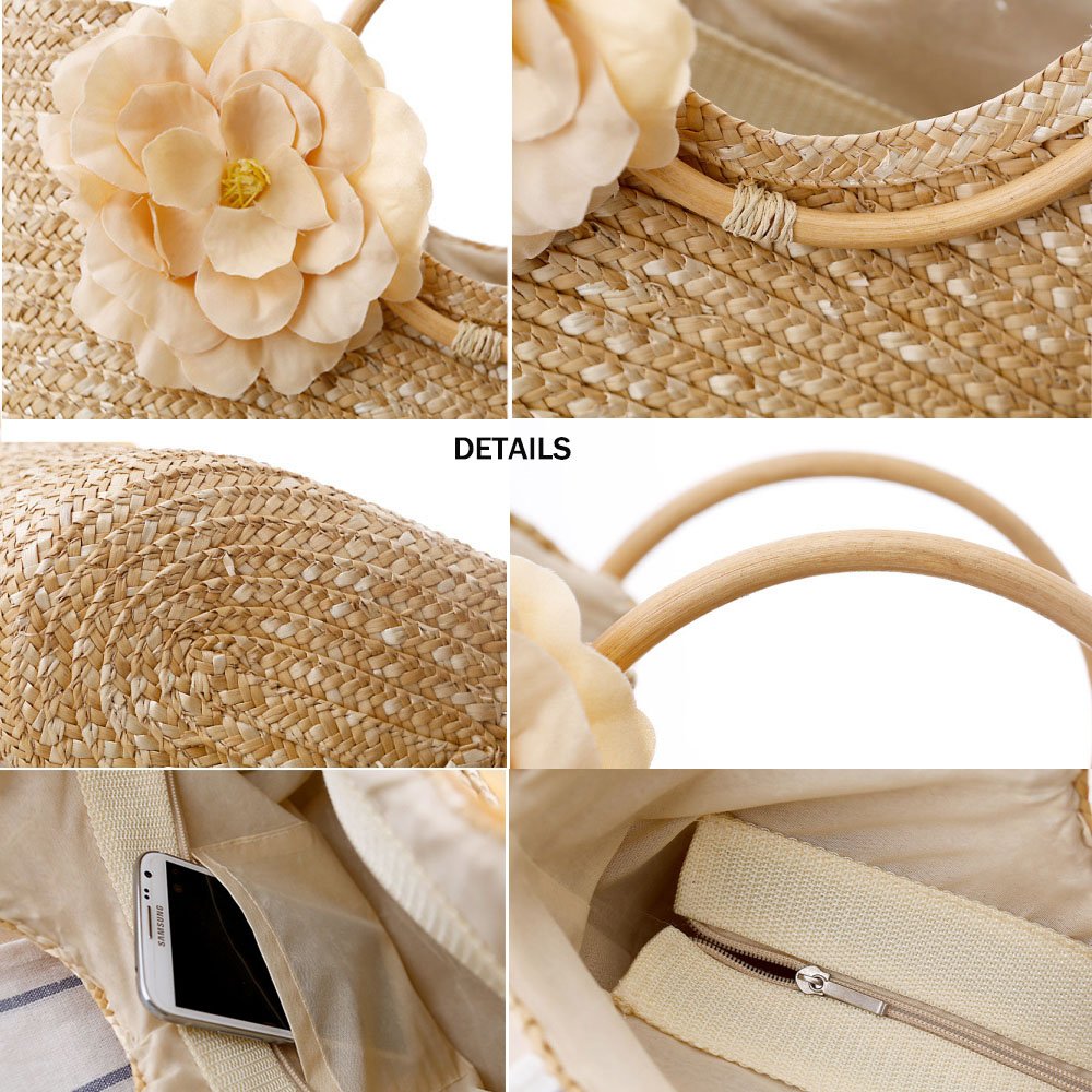 Women's Straw Handbag Flower Woven Summer Beach Messenger Tote Bag Basket Shopper Purse