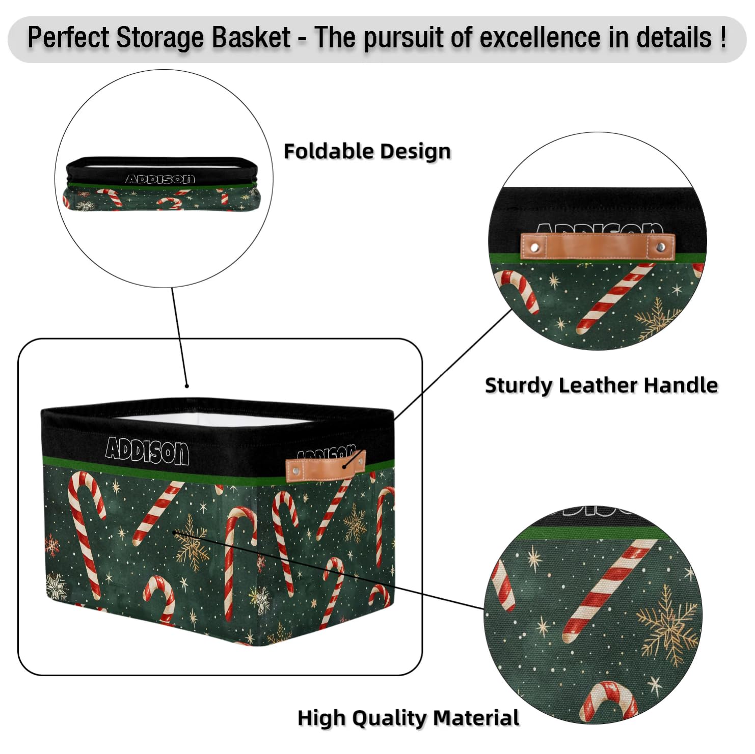 KFNHN Personalized Storage Bins, Customized Name Storage Basket Rectangle Clothes Organizer for Organizing Kids and Pets Toys Shelf Closet, Merry Christmas Green Candy Cane Snowflake
