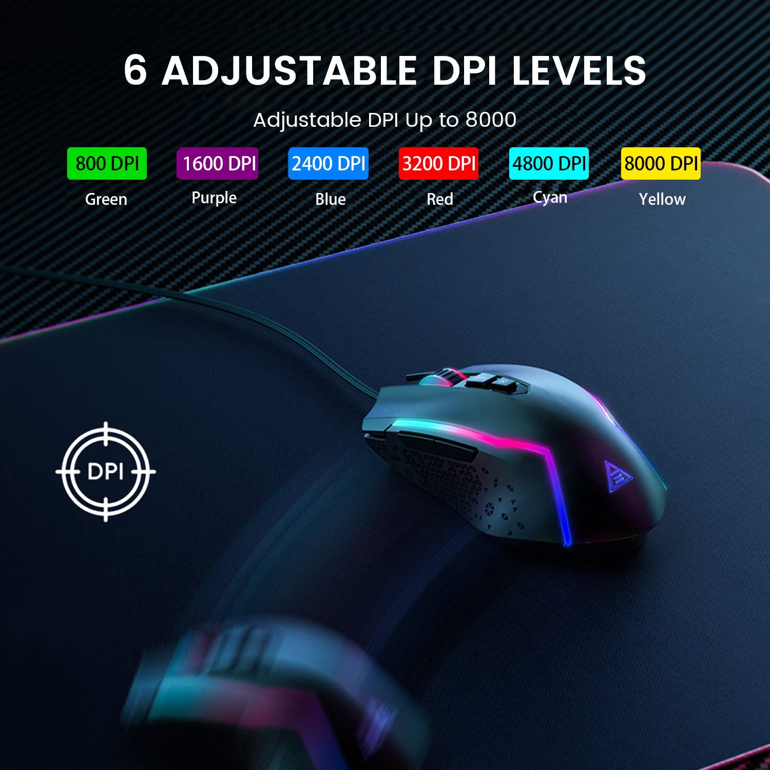 EKSA Gaming Mouse, Wired Ergonomic Gaming Mice with 7 Programmable Buttons, Chroma RGB 6 Backlit& Adjustable 8000DPI for Windows PC Gamers (EM100)