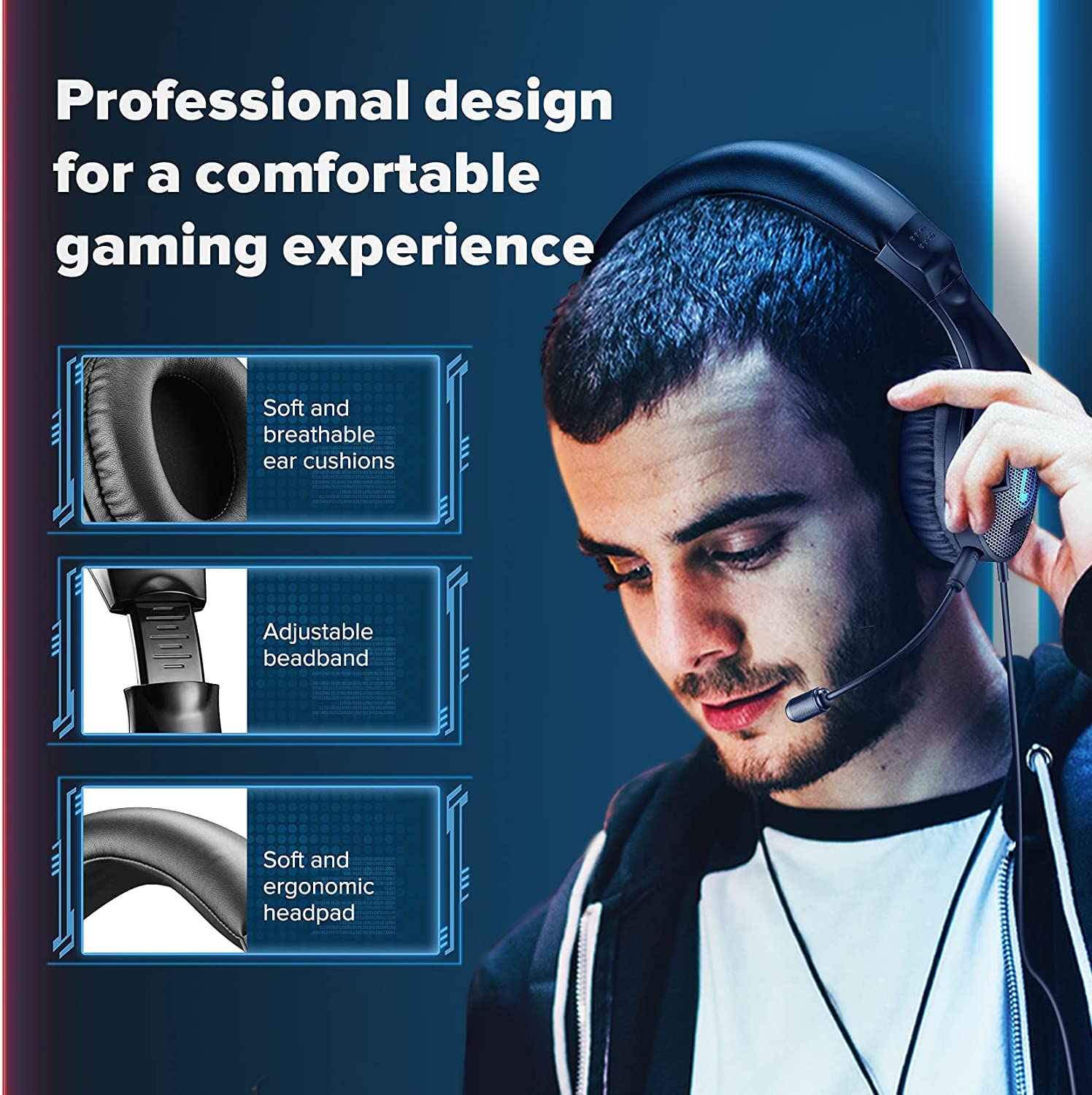 Gaming Headset with Microphone, PC Gaming Headphone for Laptop PS4 Xbox One Nintendo Switch, Noise Canceling UBS Wired Gaming Headsets with Mic, LED Light, THX 7.1 Spatial Surround Sound-G100