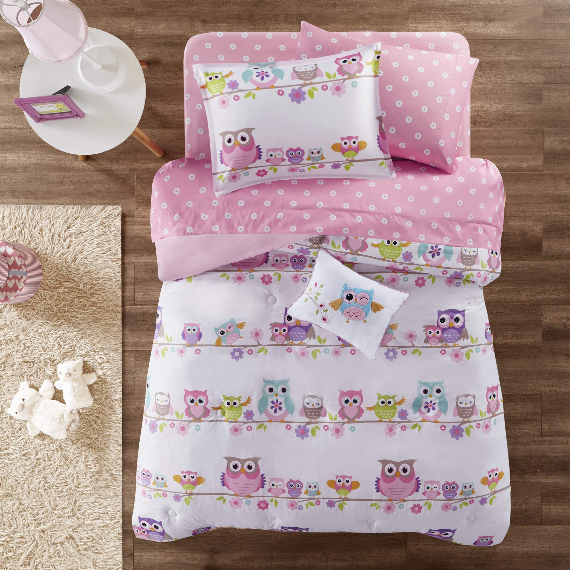 Mi Zone Kids Wise Wendy Bag in A Bag Sets For Girls, Owl Kids Girl Bedding Set – Ultra Soft Microfiber Childrens Bedroom Bed Comforters, Full, White 8 Piece