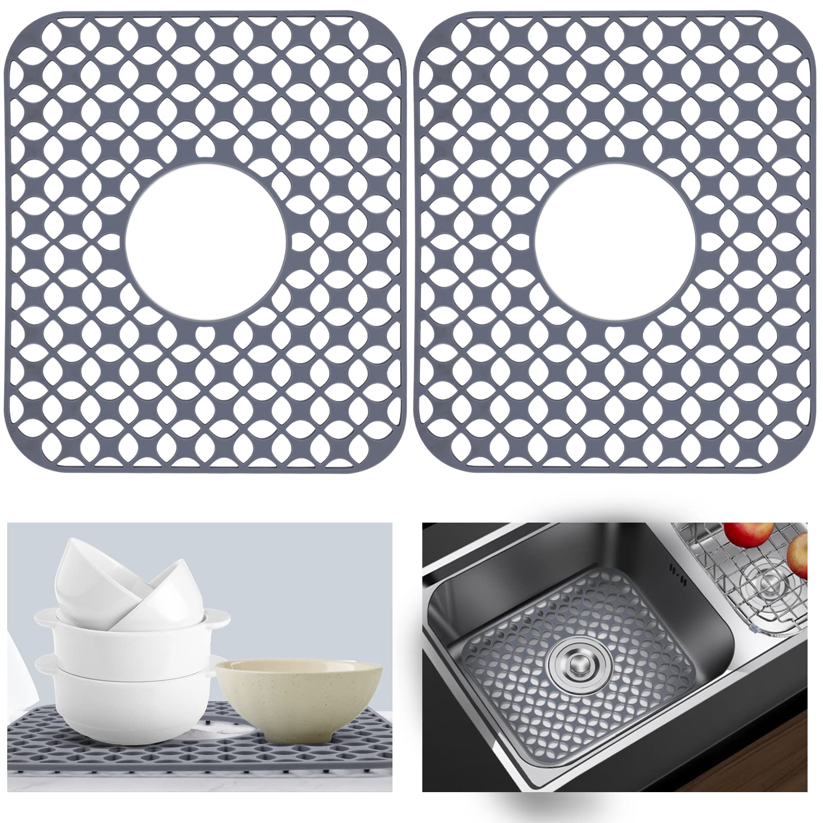 JUSTOGO Silicone Sink Protector, Center Drain Kitchen Sink Mats Grid Accessory, 2 PCS Folding Non-slip Sink Mats for Bottom of Farmhouse Stainless Steel Porcelain Sink ((Light Grey, 13.58"x 11.6")