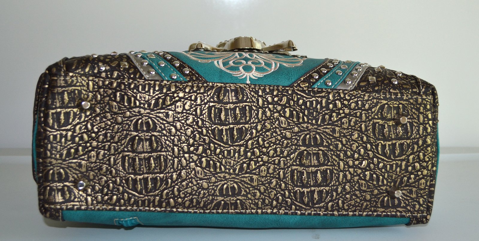 western rhinestone skull concho stitched handbag purse set (blue)